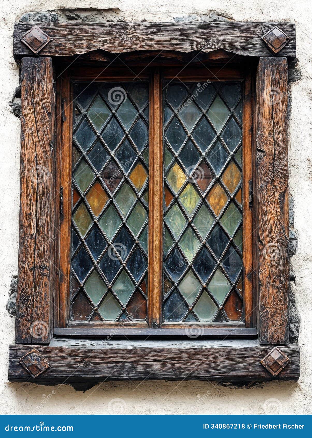 Rustic Wooden Window with Leaded Glass and Diamond Patterned Panes ...