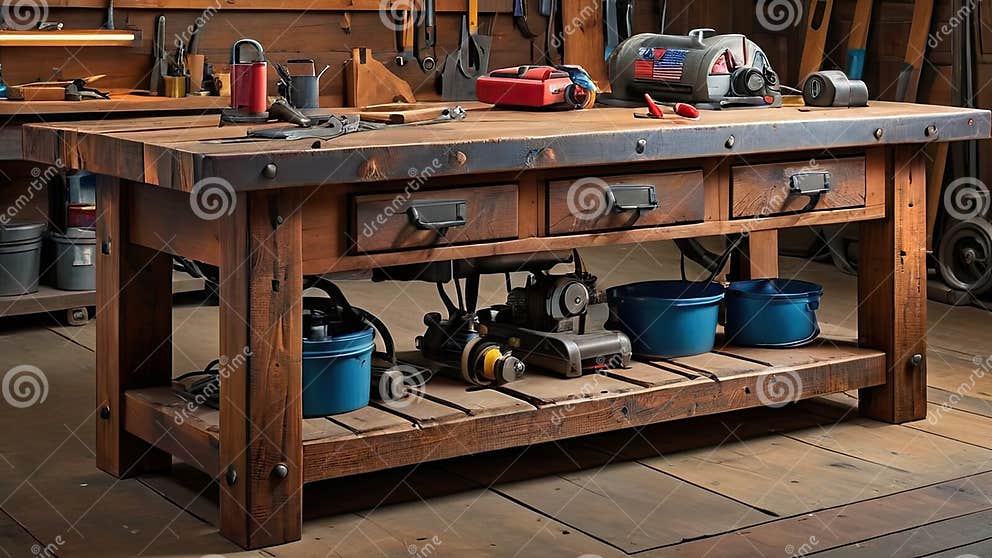 Rustic Wooden Workbench with Drawers and Bottom Shelf. Stock Illustration - Illustration of ...