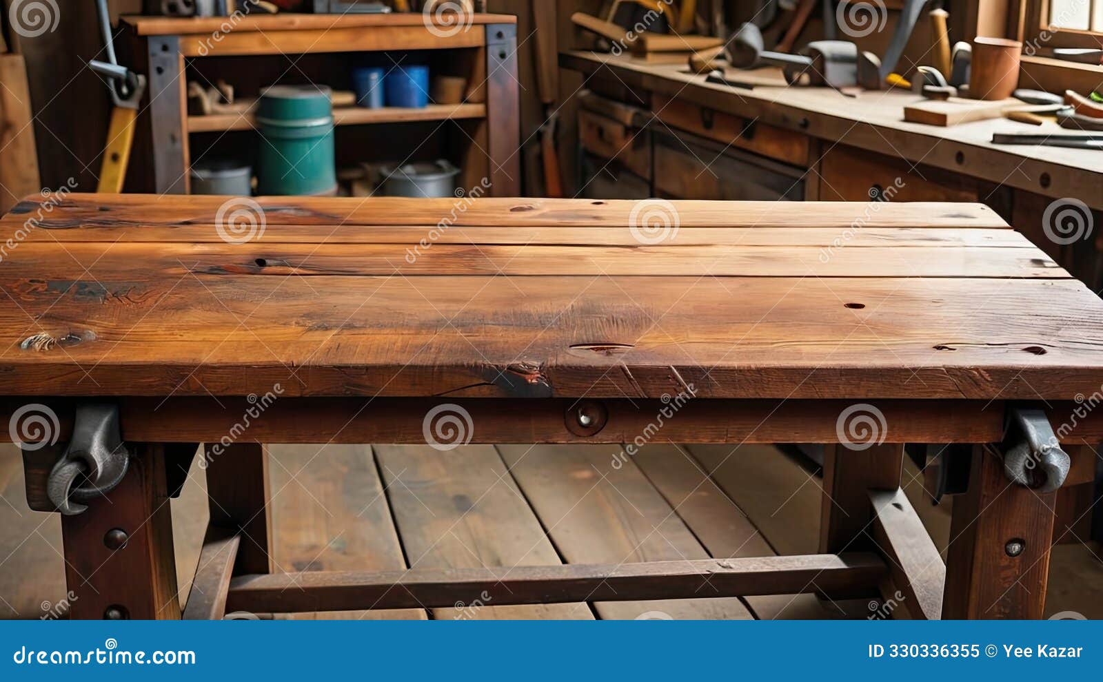 Rustic Wooden Workbench with Metal Clamps. Stock Illustration ...