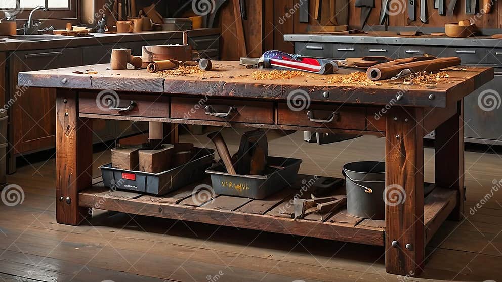 Rustic Wooden Workbench with Tools and Drawers. Stock Illustration ...