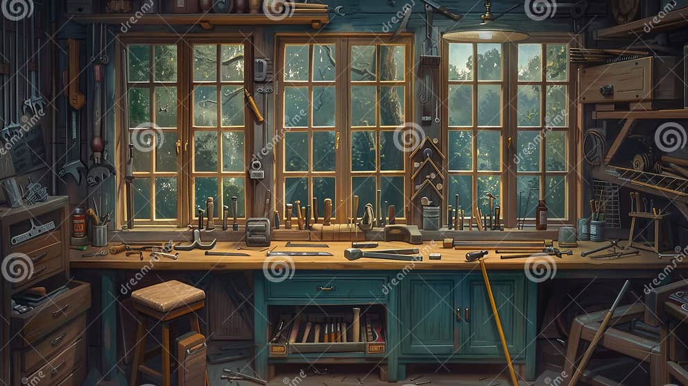 A Rustic Workshop with a Large Workbench, Numerous Tools, and a Window ...