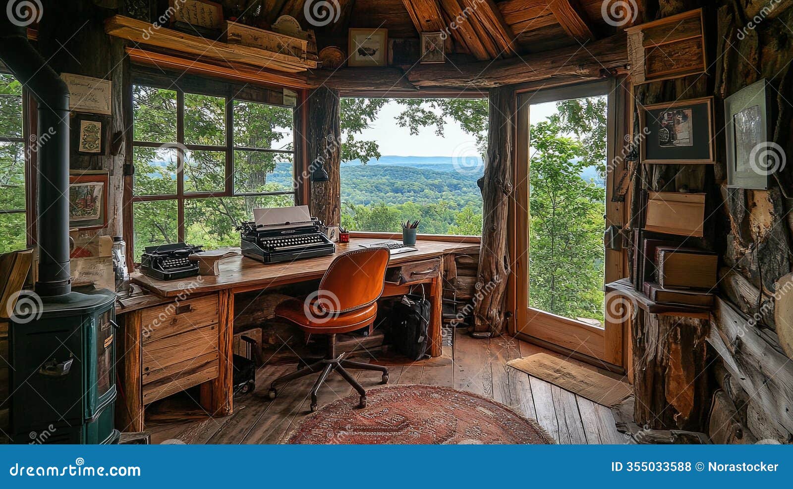 A Rustic Writing Cabin with a Desk, a Typewriter, and a Large Window ...