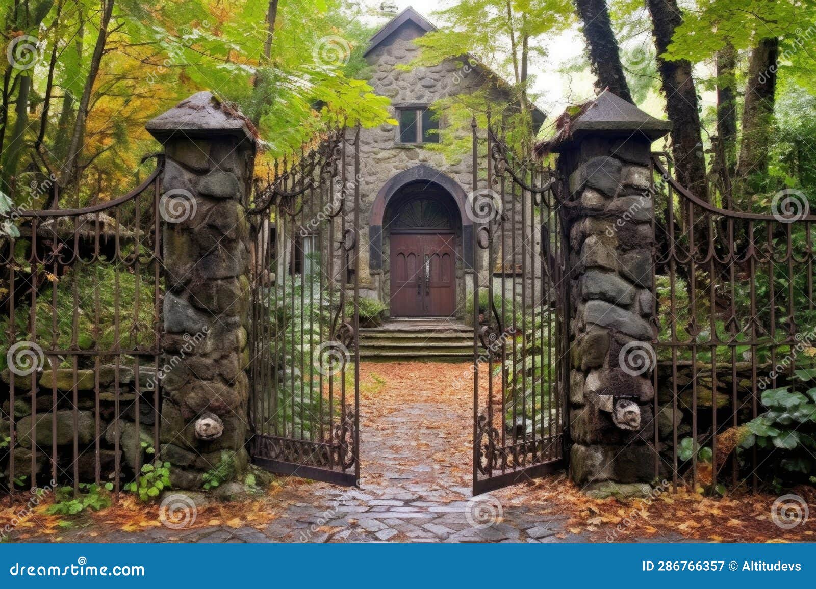 Rustic Wrought Iron Gate with Cobblestone Path Stock Illustration ...