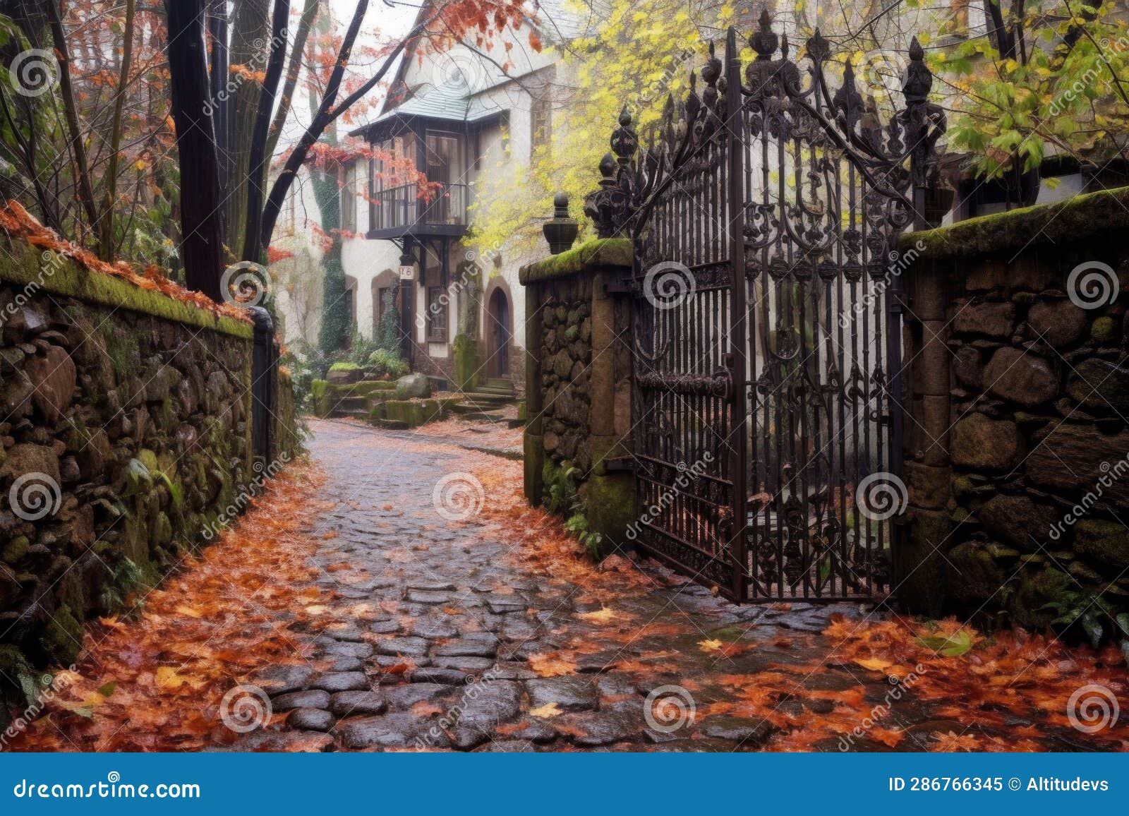 Rustic Wrought Iron Gate in a Cobblestone Pathway Stock Illustration ...