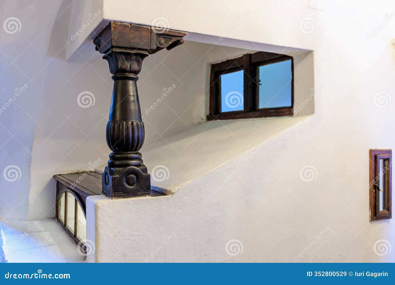 Rustically Designed Interior with Wooden Baluster and Windows Stock ...