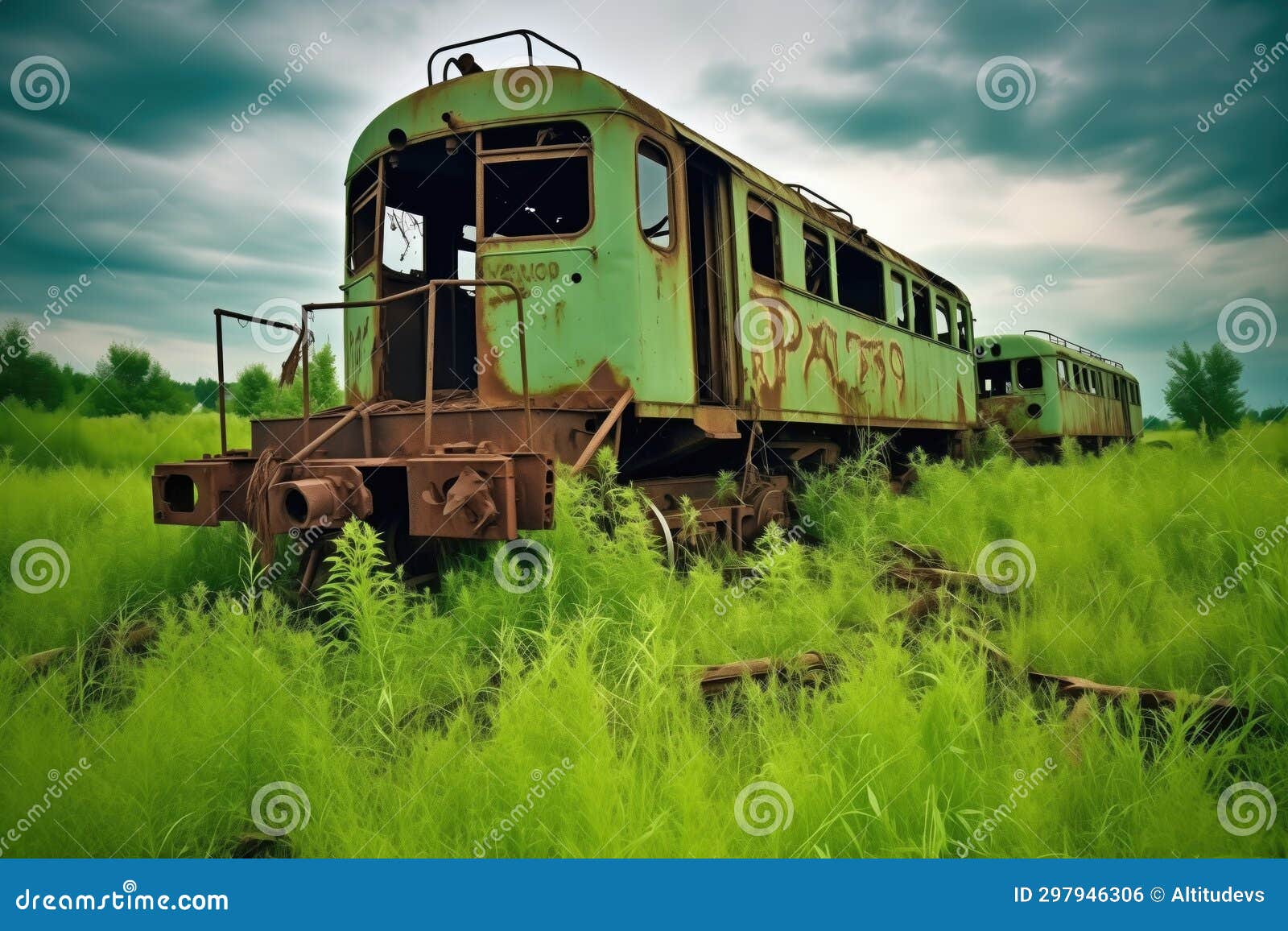 Rusting Abandoned Train in a Green Field Stock Photo - Image of ruin ...