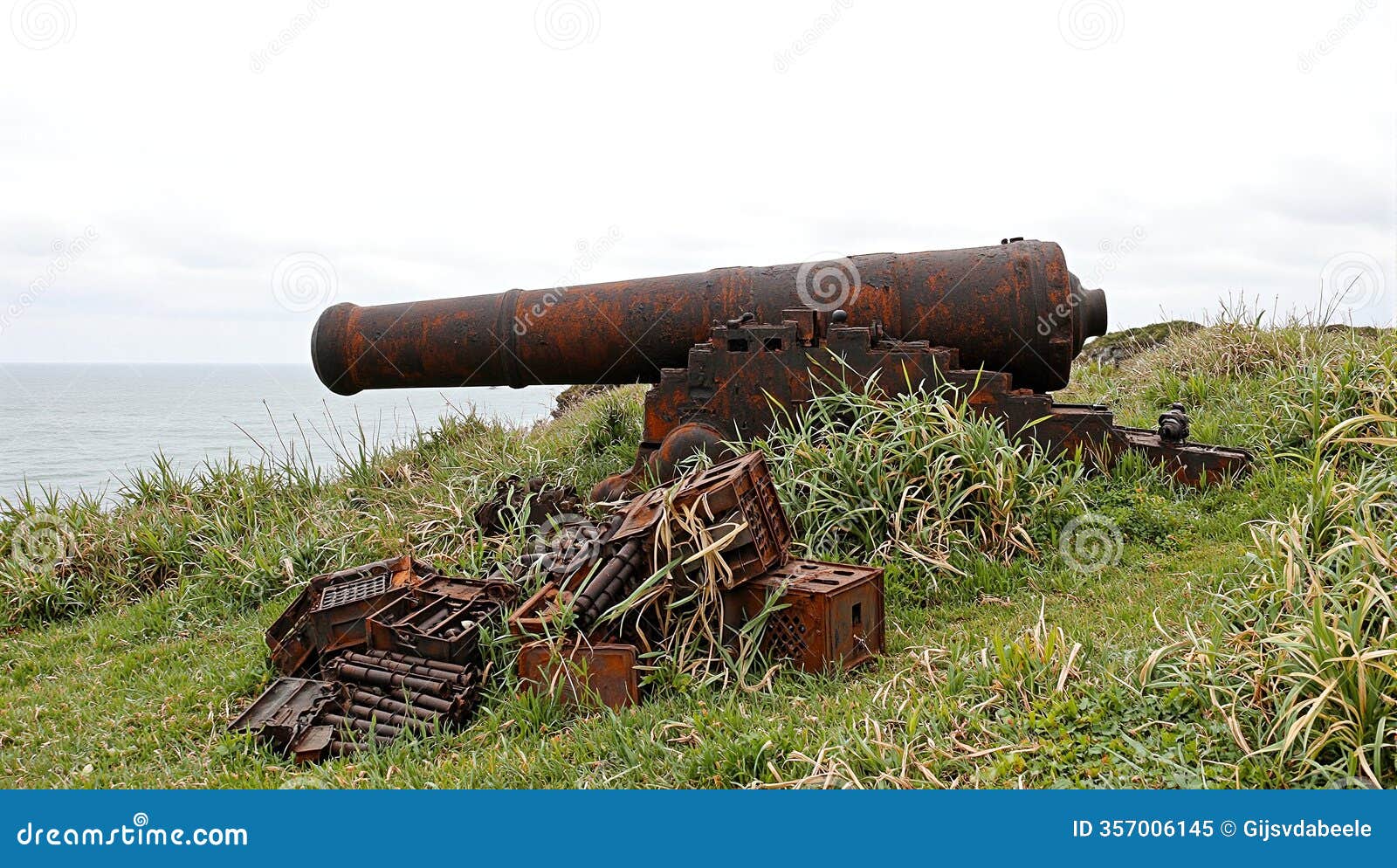 Rusting Battleship Cannon on Cliff Edge Amidst Overgrown Grass and ...