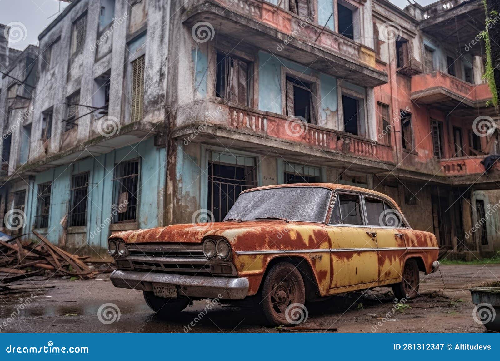 Rusting Vintage Car Parked in Front of a Dilapidated Building Stock ...