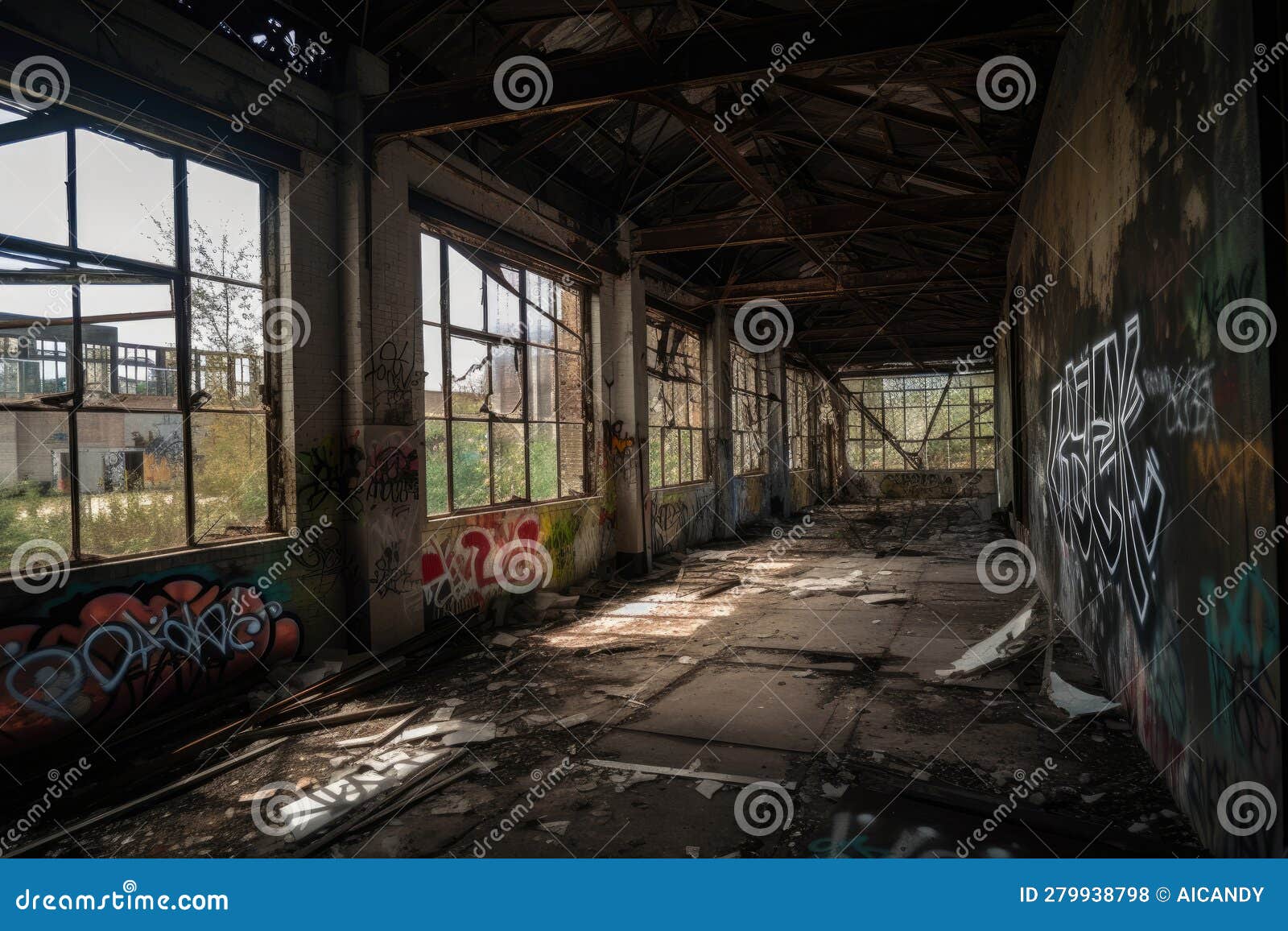 Rusty Abandoned Factory with Broken Windows and Graffiti Stock ...