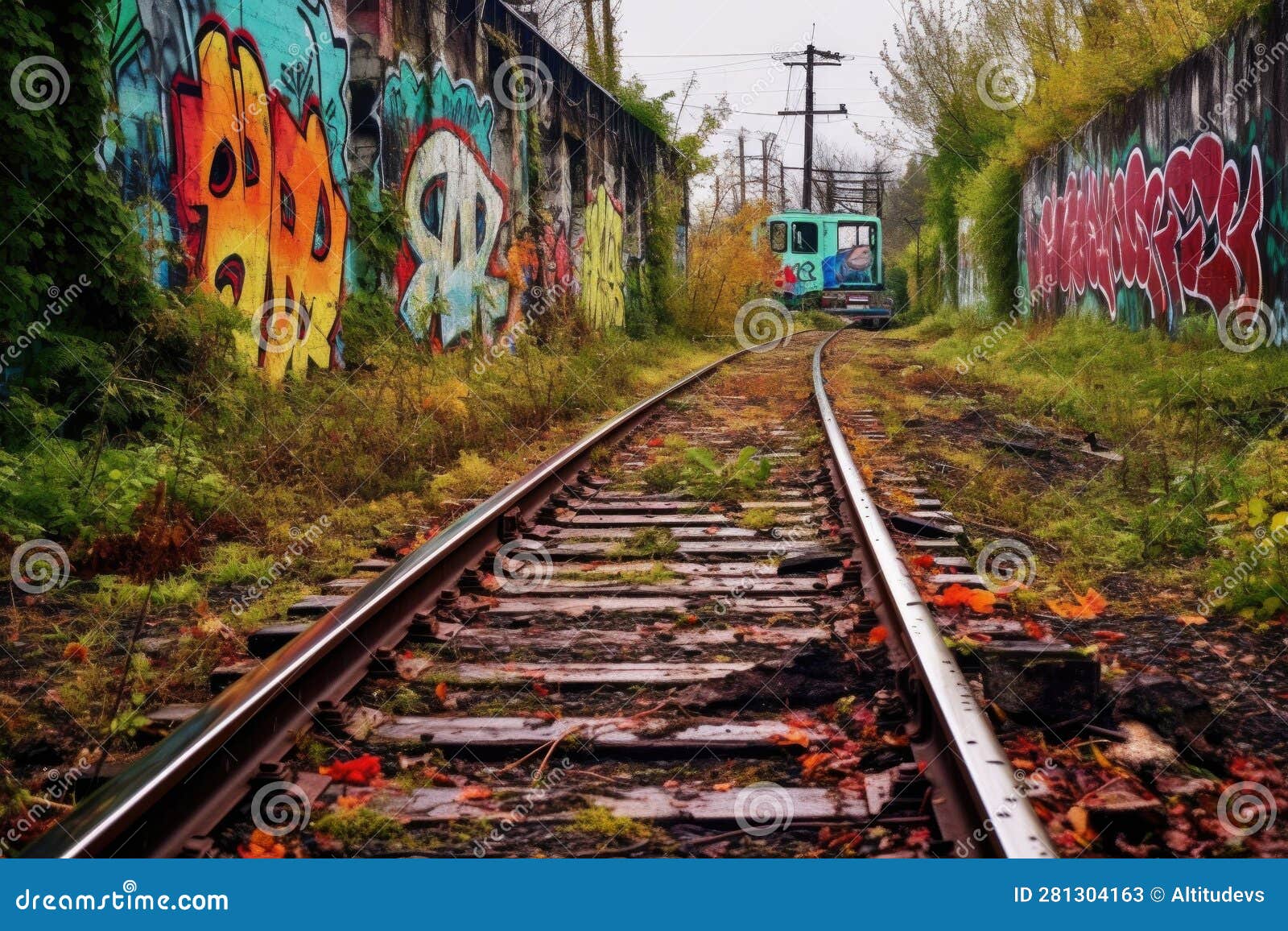 Rusty Abandoned Train Tracks with Colorful Graffiti Stock Illustration ...