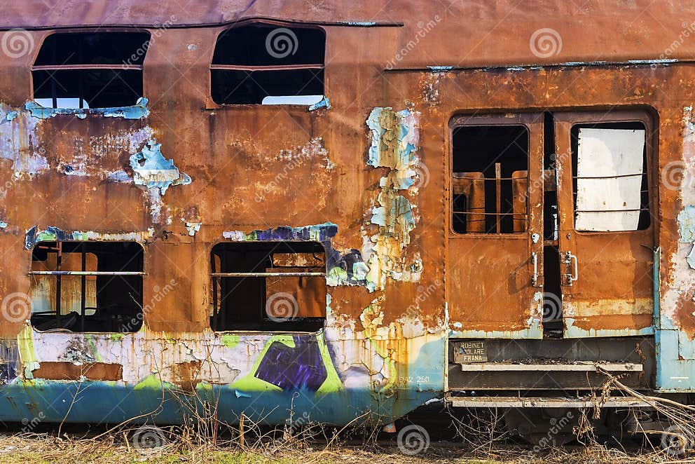 Rusty Abandoned Wrecked Train Wagons Stock Photo - Image of graffiti ...