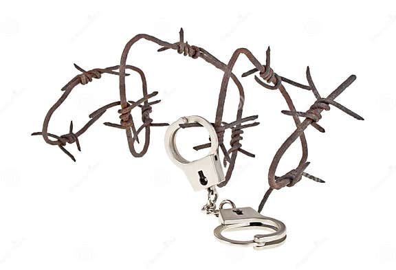 Rusty Barbed Wire and Handcuffs on White Background Stock Image - Image ...