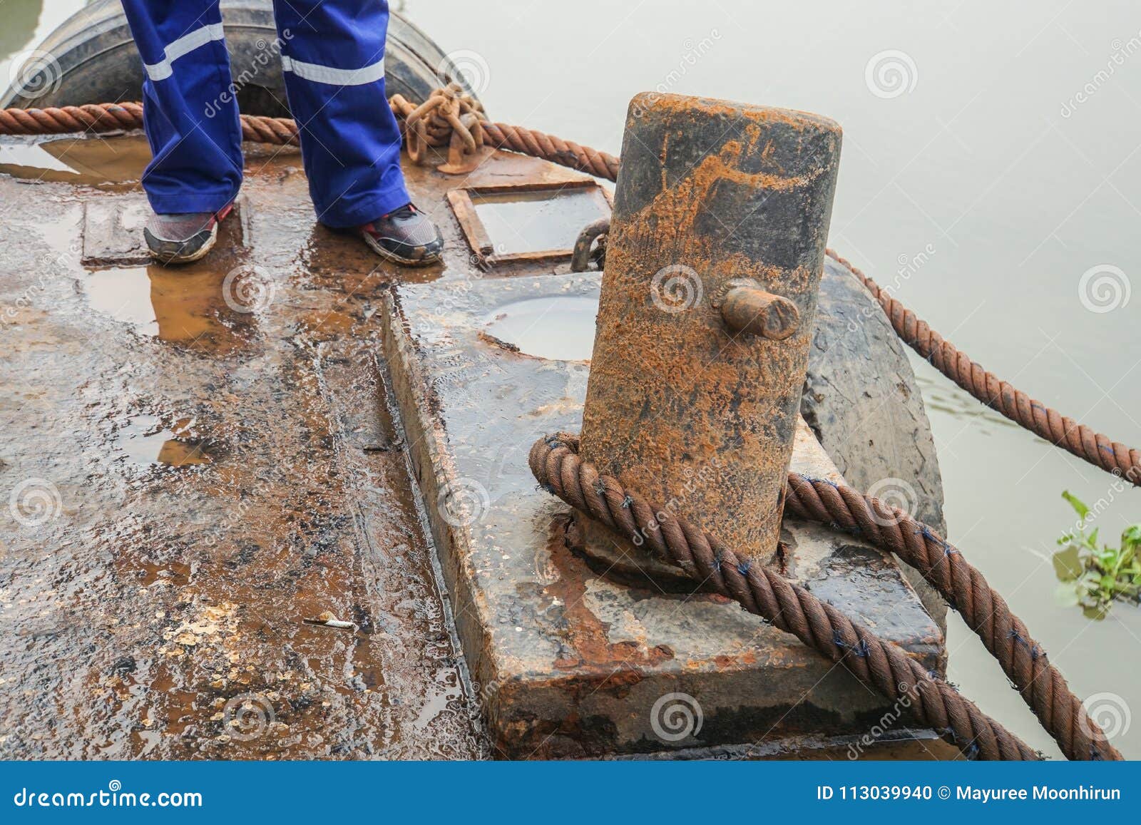 Rusty Bollard of Barge with Rope Under Damage Inspection of the ...
