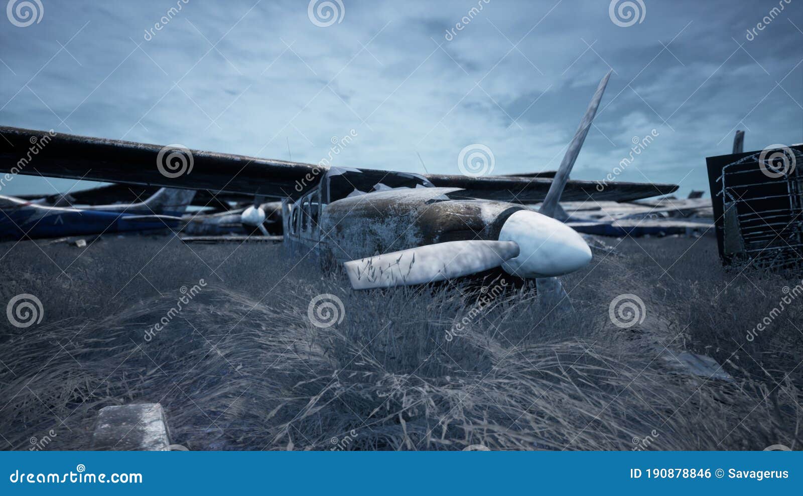 Rusty and Broken Planes Stand in a Field Against a Hazy Blue Sky. a Lot ...