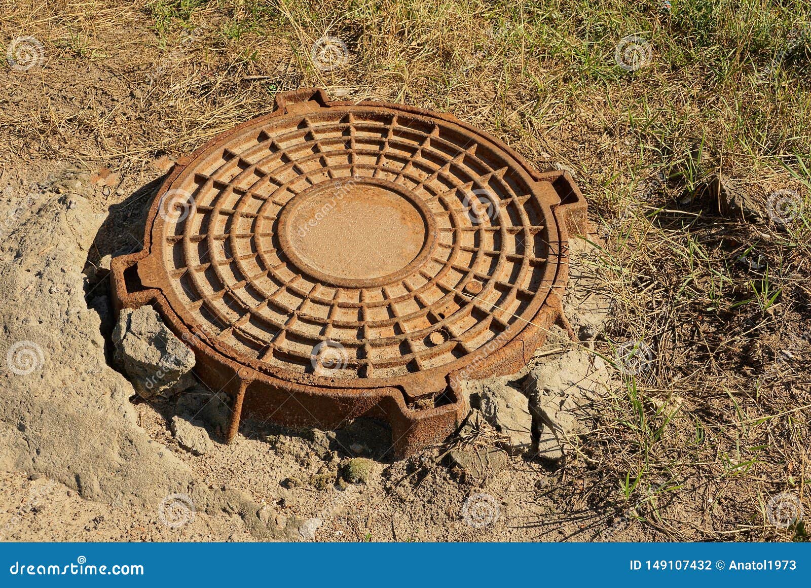 Rusty Brown Manhole in Dry Grass Stock Photo - Image of manholes ...