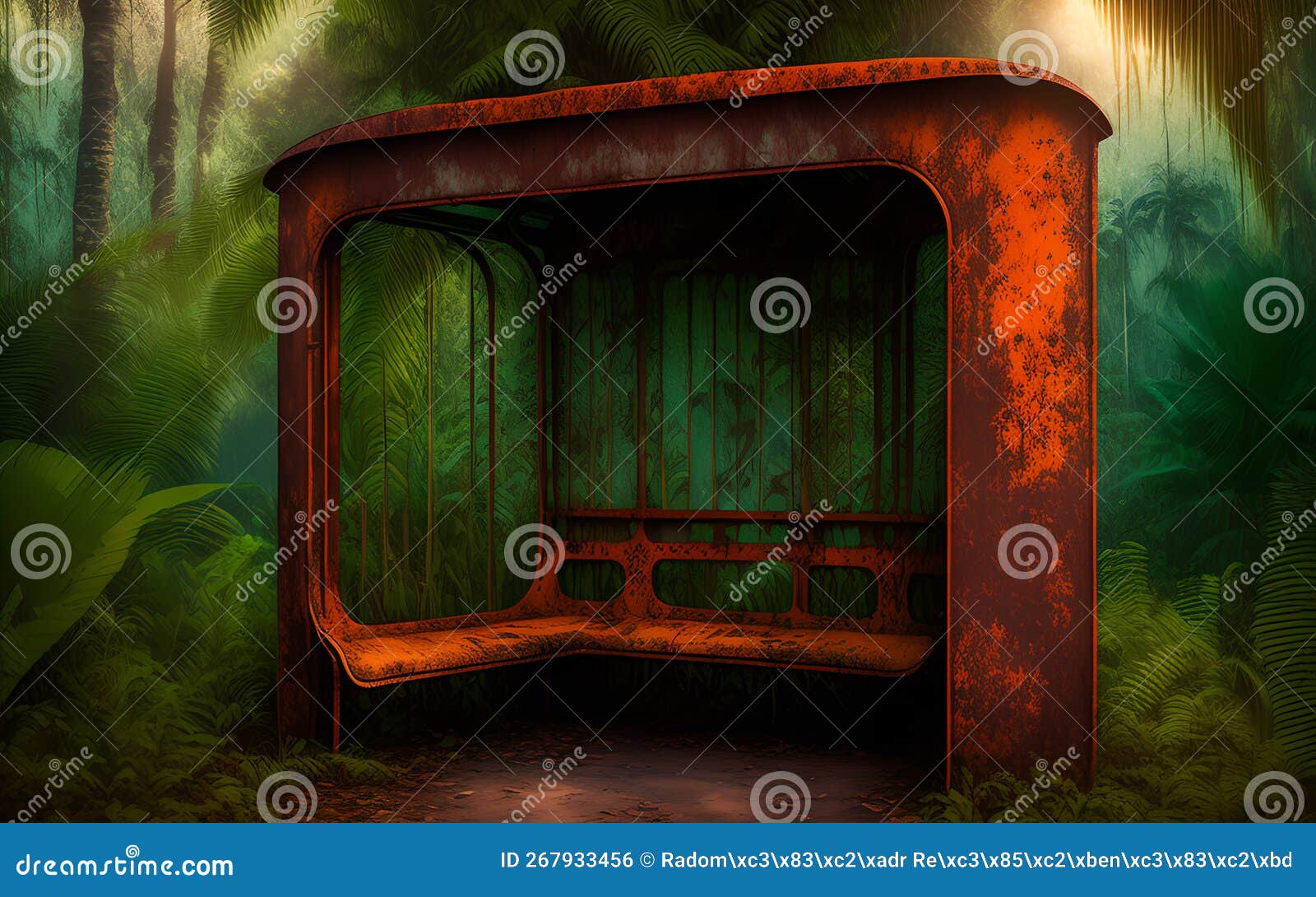 Rusty Bus Stop in Rainforest with Shining Light.Generative Al ...