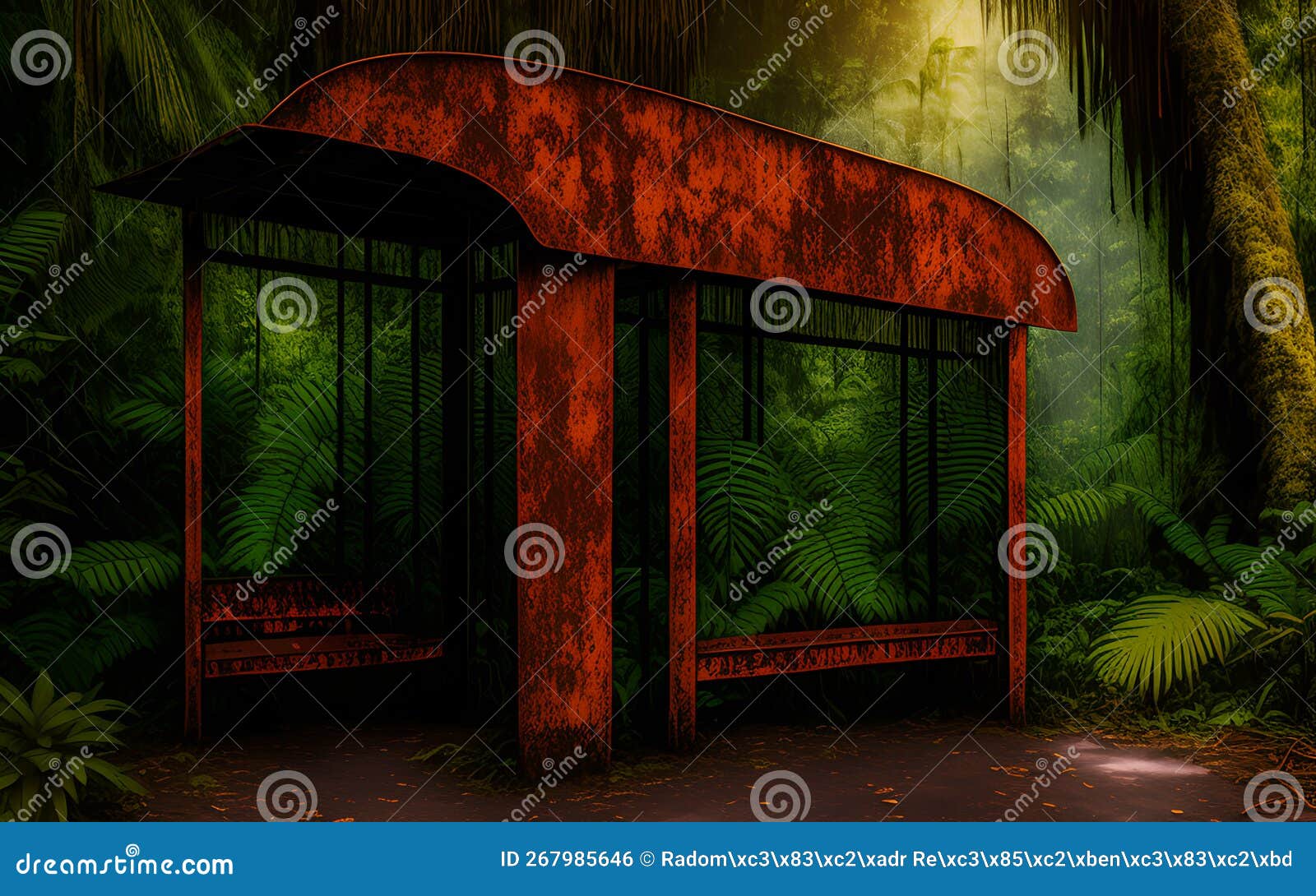 Rusty Bus Stop in Rainforest with Shining Light.Generative Al ...