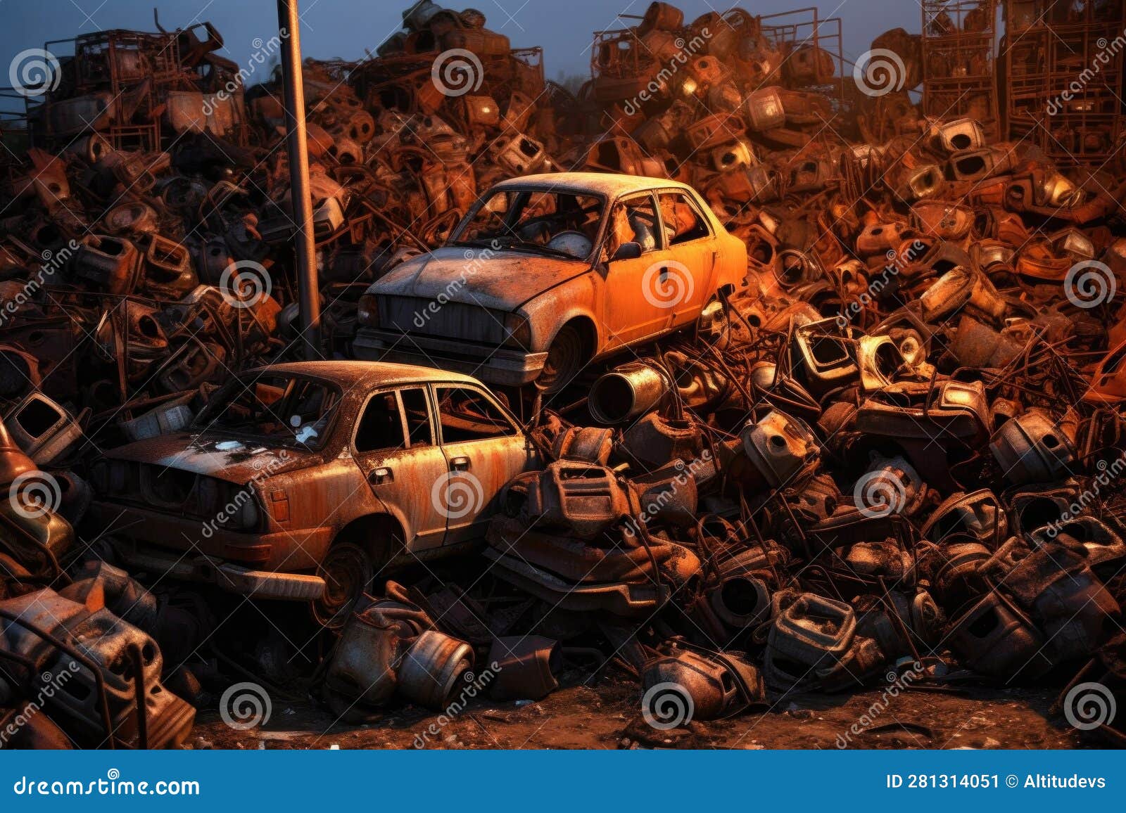 Rusty Car Parts Piled Up in a Scrapyard Stock Illustration ...