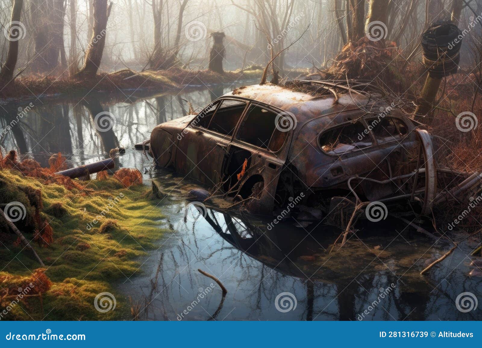 Rusty Car Wreck Sinking into a Muddy Swamp Area Stock Illustration ...