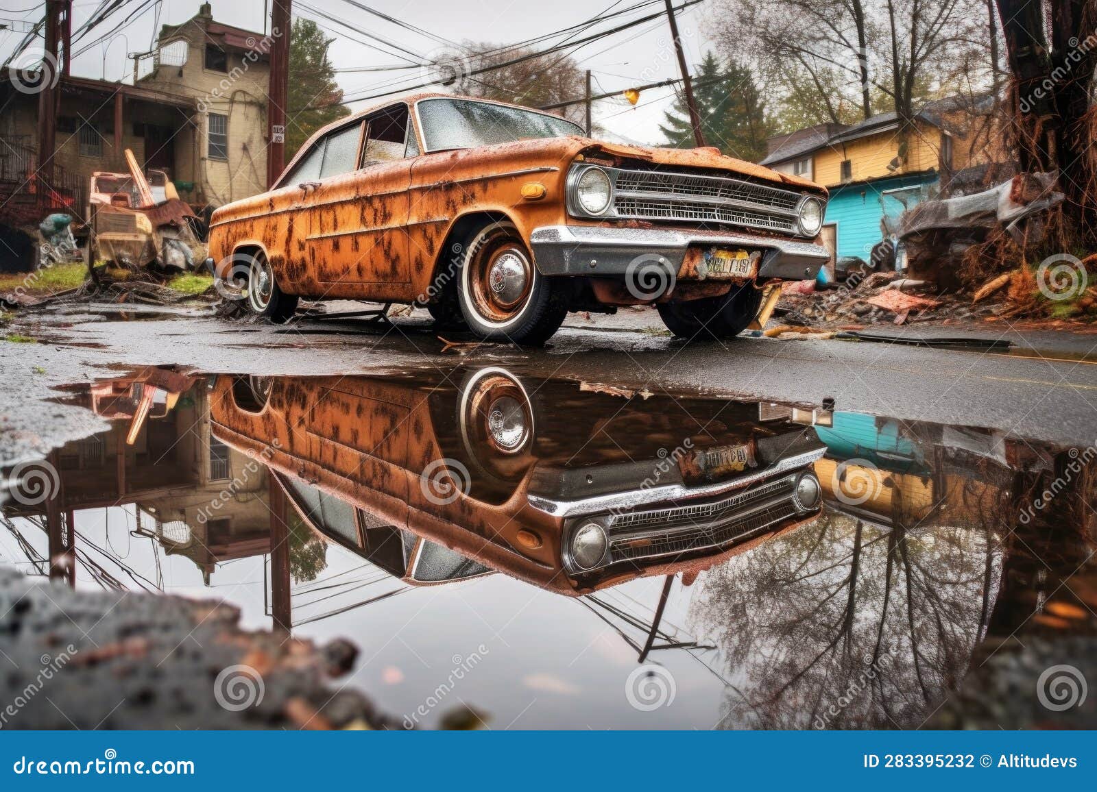 Rusty Car Wrecks Reflection in a Puddle after Rain Stock Illustration ...