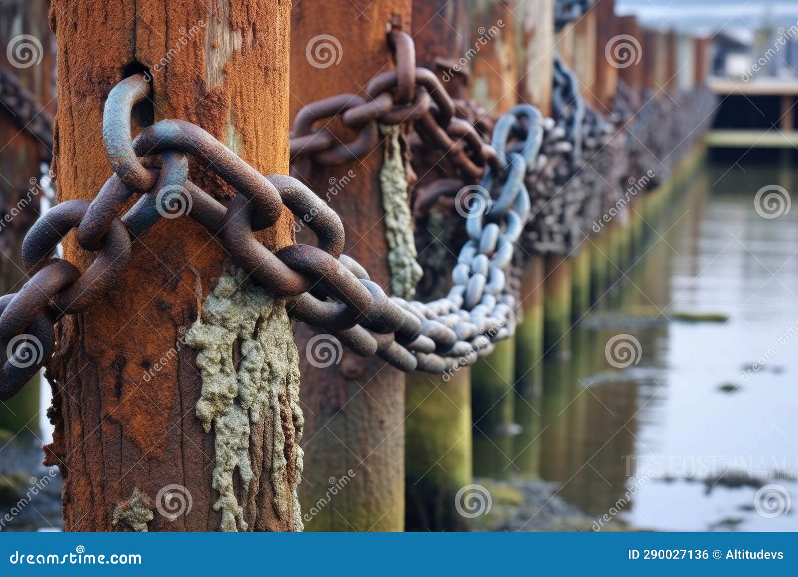 Rusty Chain Links Connecting Weathered Wooden Posts on a Dock Stock ...