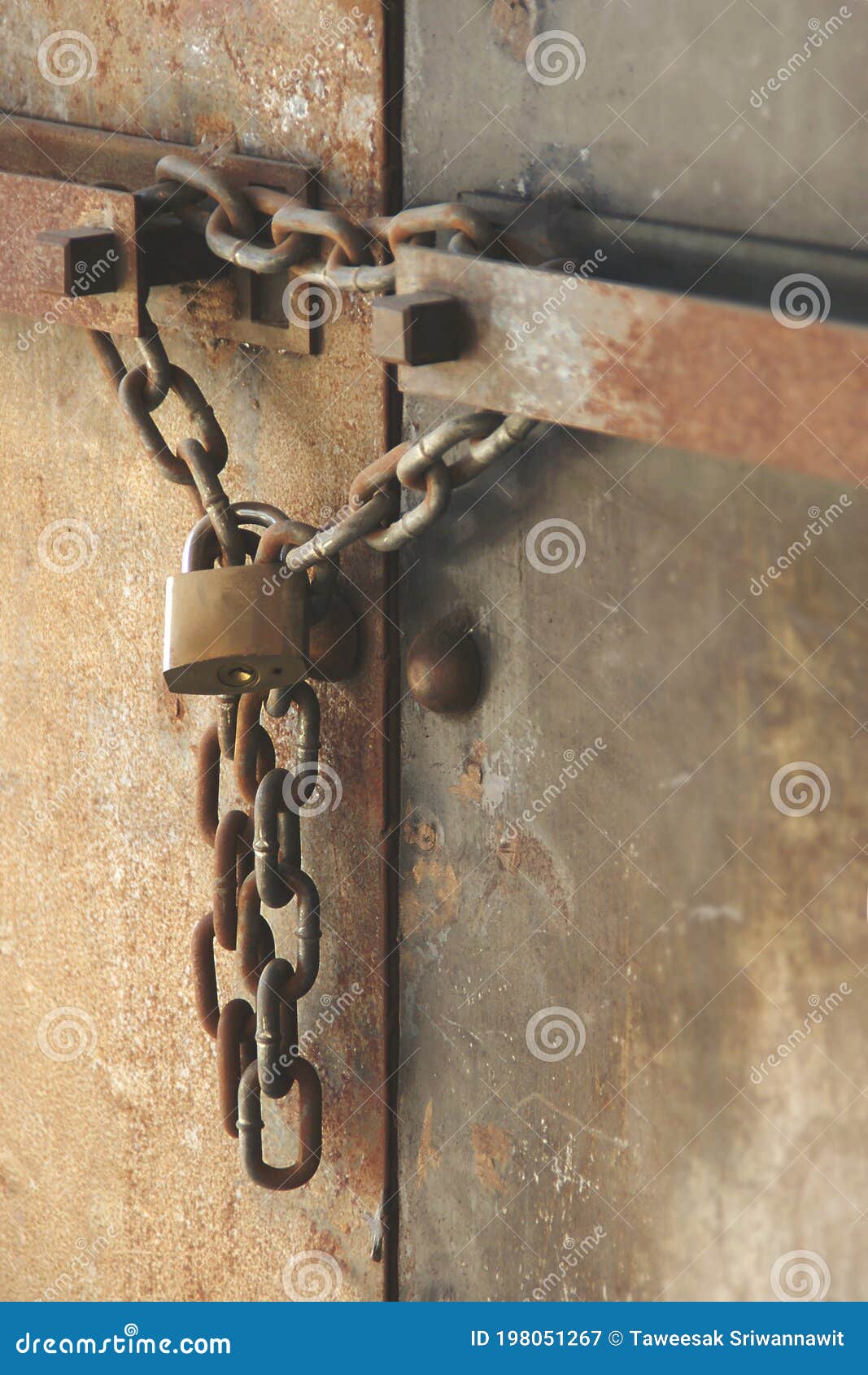 Rusty Chain with Lock on Old Metal Double Doors Stock Image - Image of ...