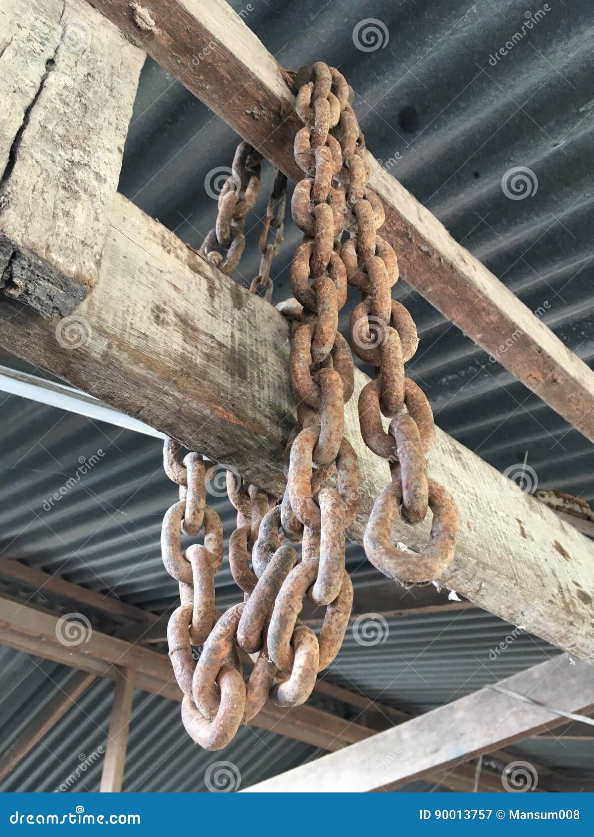 Rusty chain on wood pole stock image. Image of pillar - 90013757