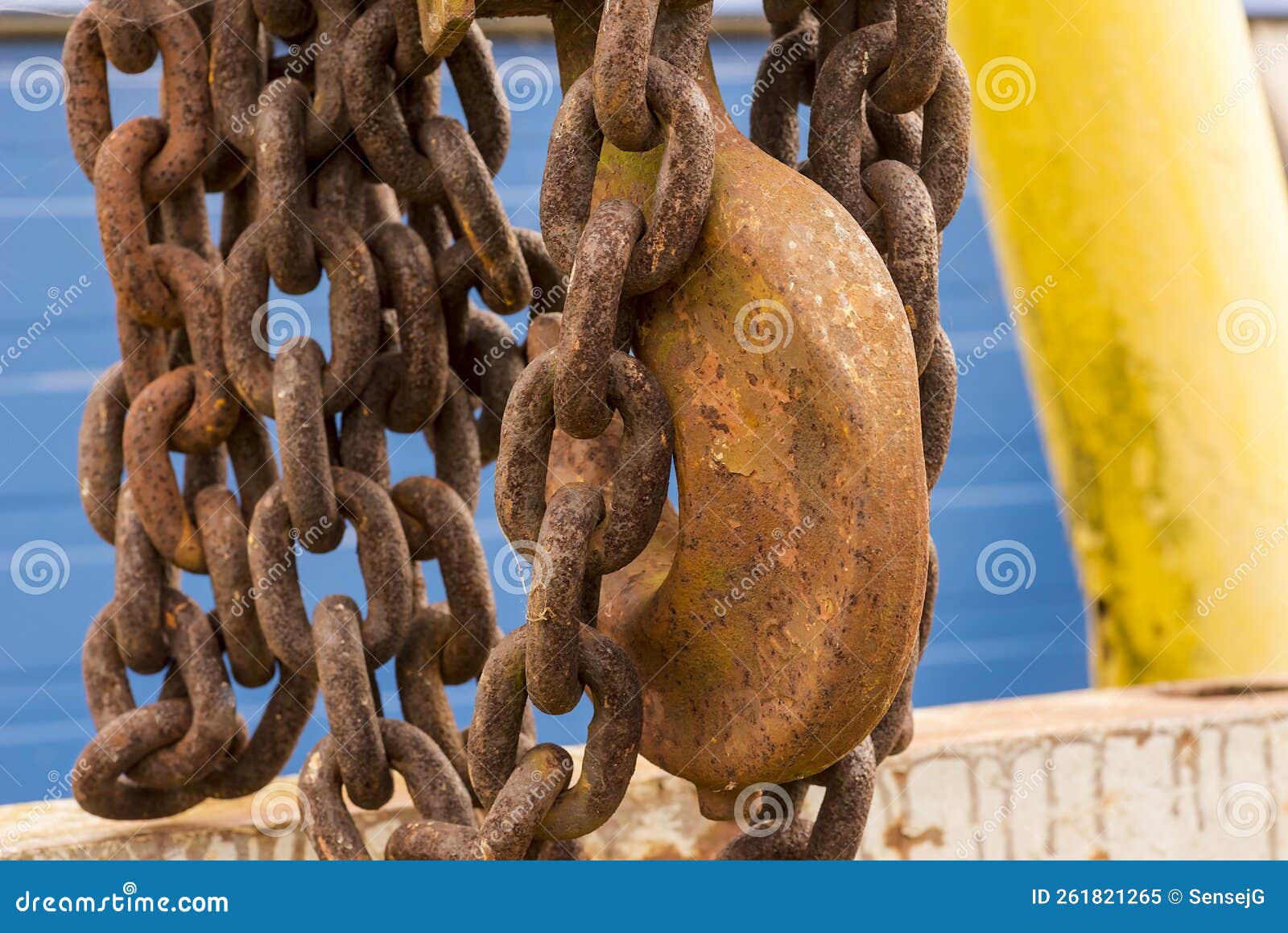 Rusty Chains and a Crane Hook on a River Dam. Stock Image - Image of ...