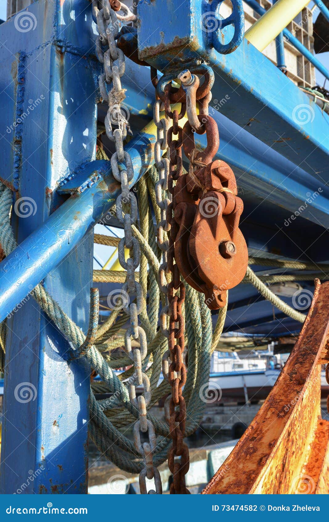 Rusty Chains and Ropes on a Fishing Trawler Stock Photo - Image of ...