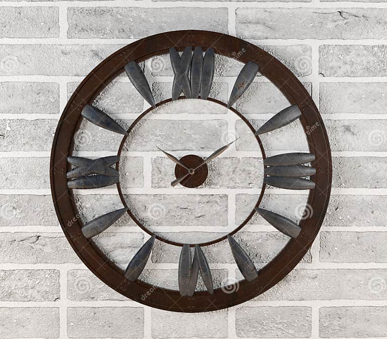 Rusty Clock Hanging on White Brick Wall Stock Illustration ...