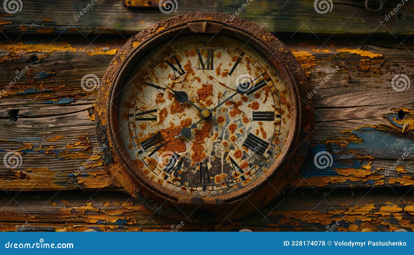 A Rusty Clock Sitting on Top of a Wooden Wall Stock Photo - Image of ...