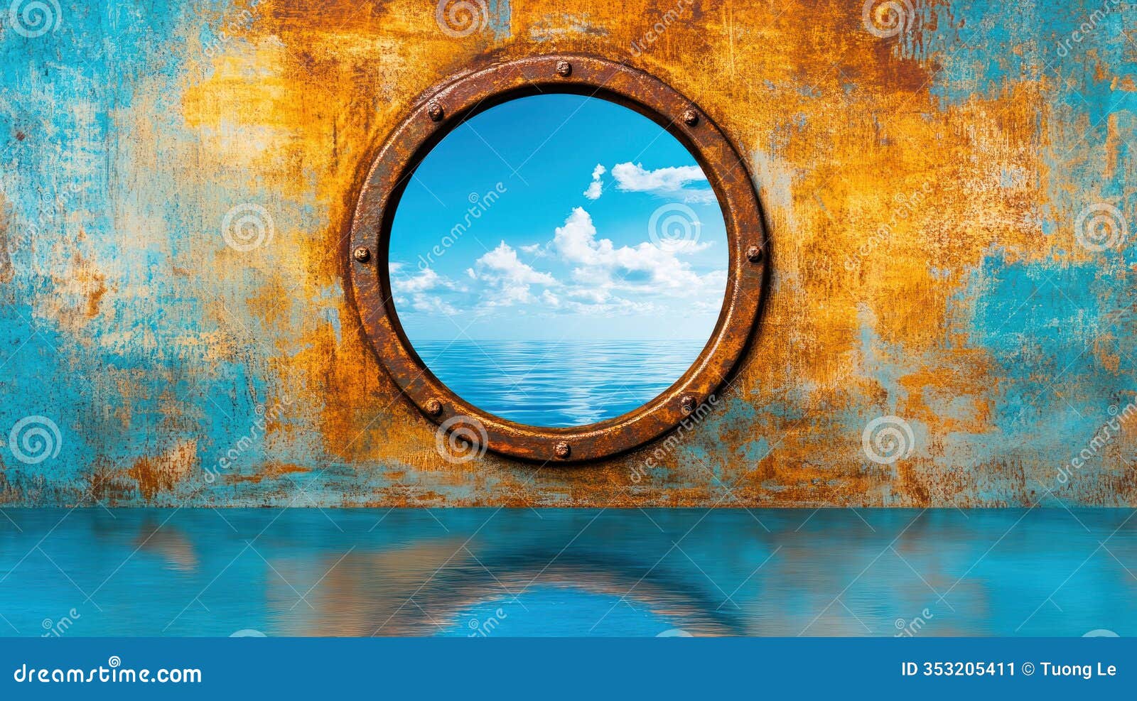 Rusty Closed Porthole Window with Ocean View on Rich Wood Grain Texture ...