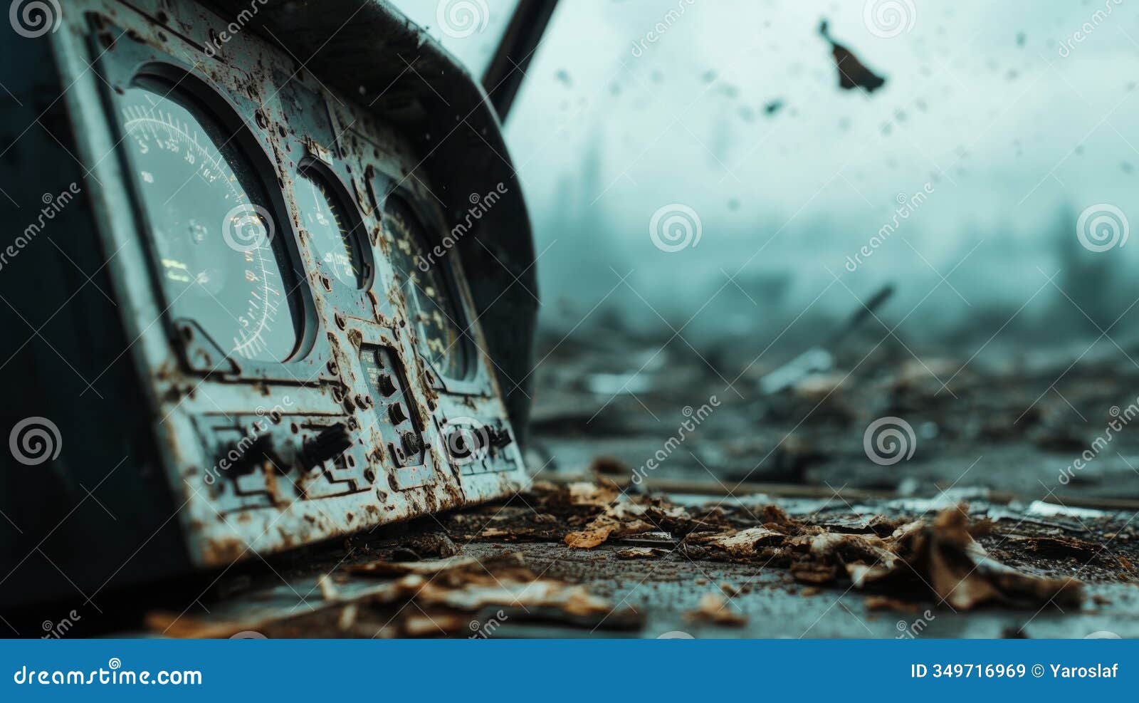 Rusty Cockpit Instrument Panel Lying on the Ground in a Misty, Rainy ...