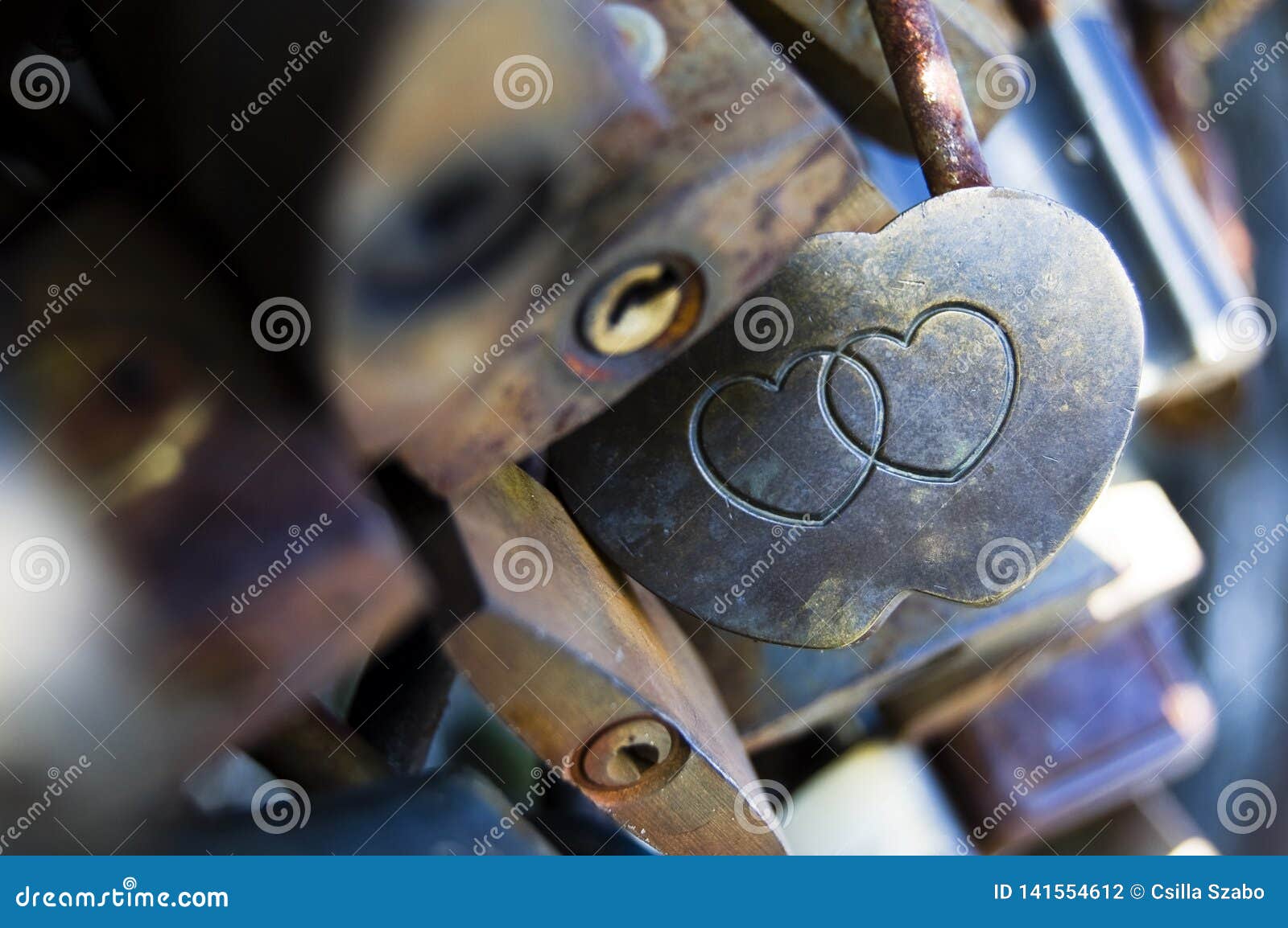 Rusty and Colorful Love Locks Wall, Double Heart Lock, Selective Focus ...
