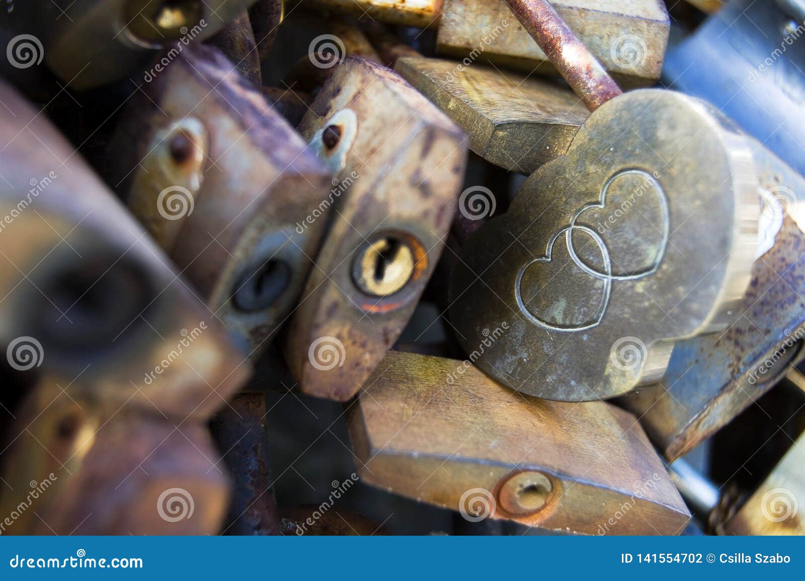 Rusty and Colorful Love Locks Wall, Double Heart Lock, Selective Focus ...