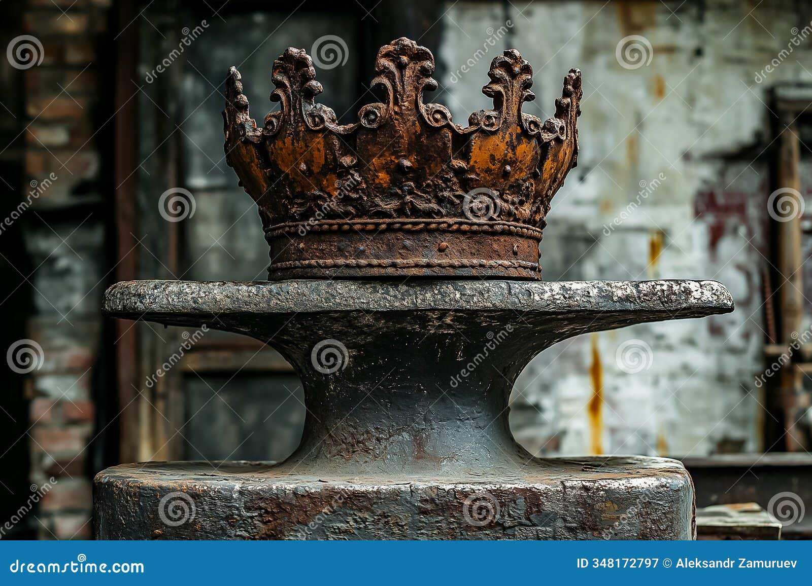 Rusty Crown Displayed on a Worn Anvil within an Industrial Workshop ...