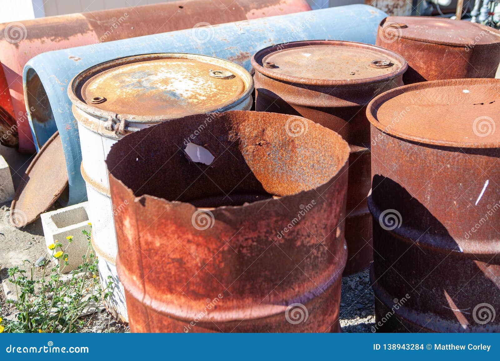 Rusty and Damaged Steel Drums Stock Photo - Image of safety, leak ...