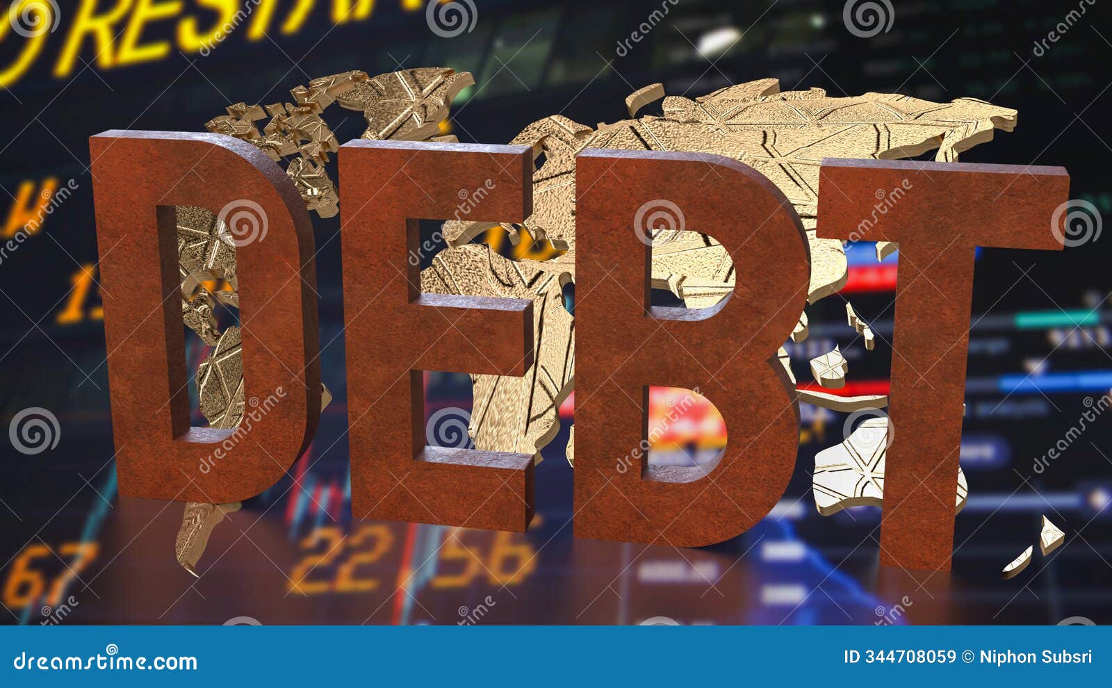 The Debt Text And Money Symbol For Business Concept 3d Rendering ...