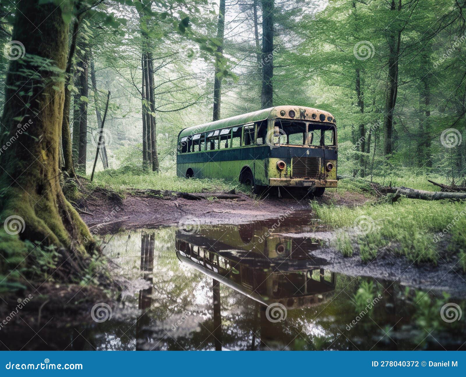 Rusty Decrepit School Bus in the Middle of a Dense Forest. Stock ...