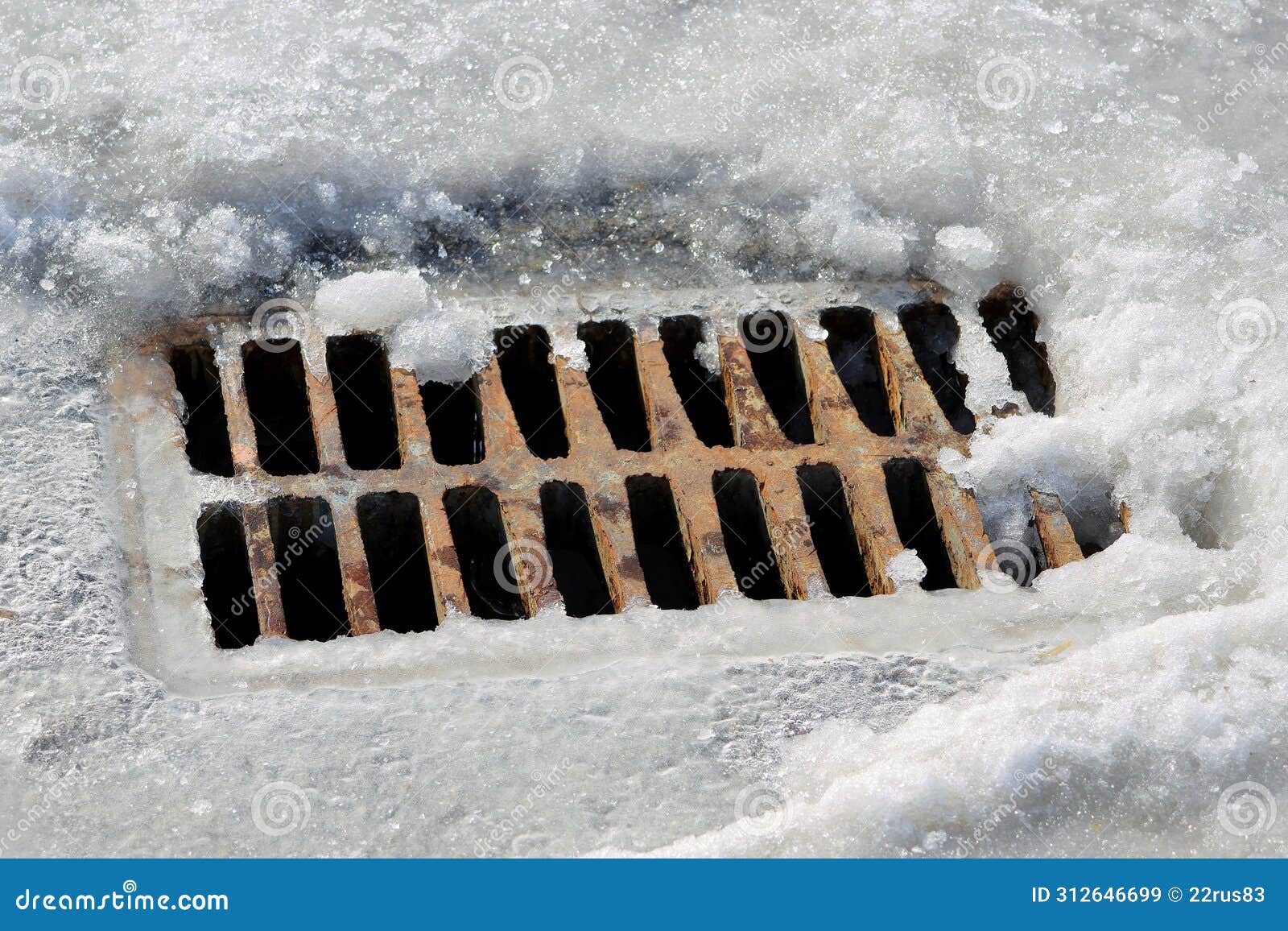 Rusty Drainage Grate in the Snow on the Road. the Beginning of the Thaw ...