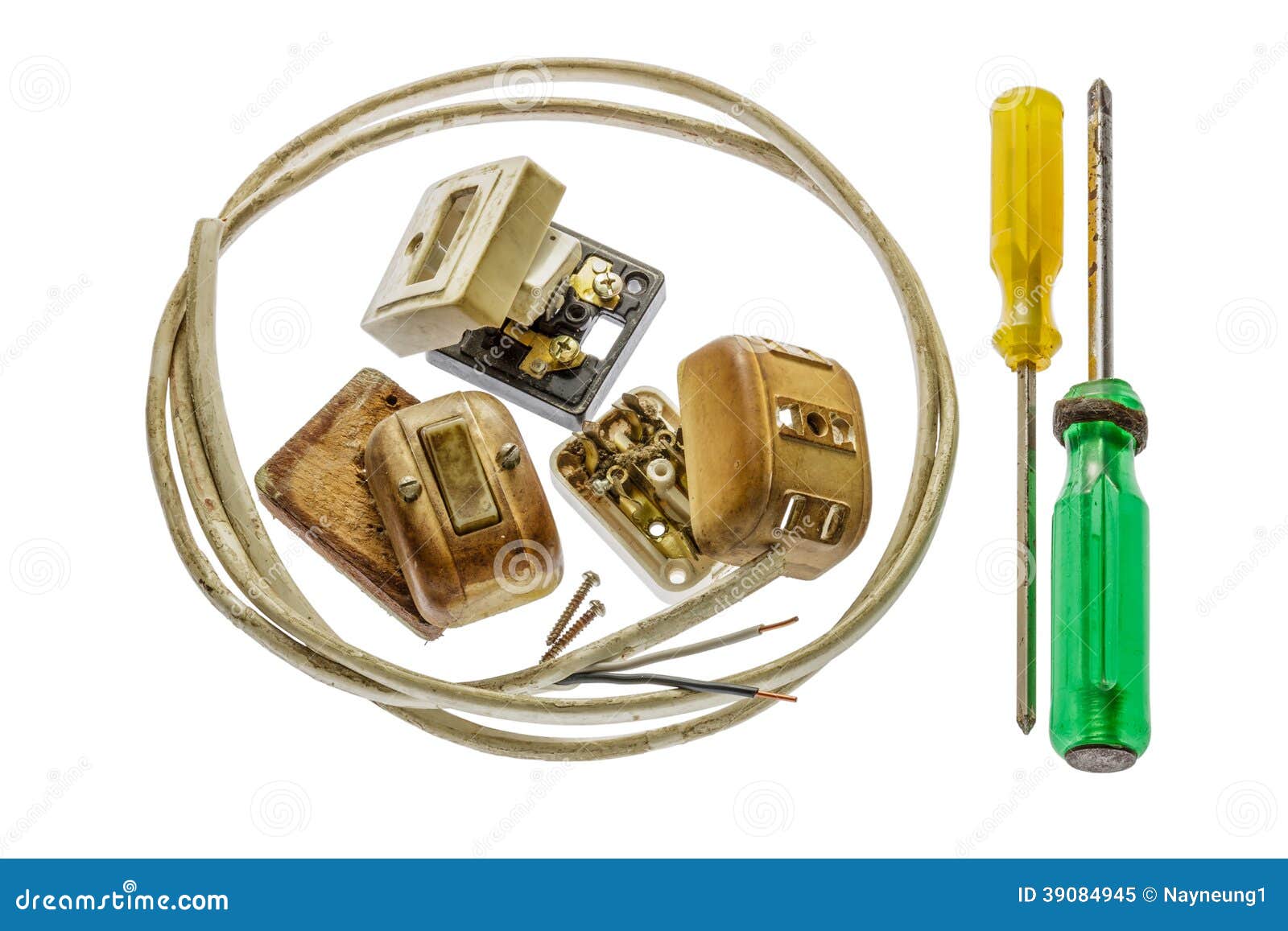 Rusty Electrical Sockets and Switch on White Background. Stock Image ...