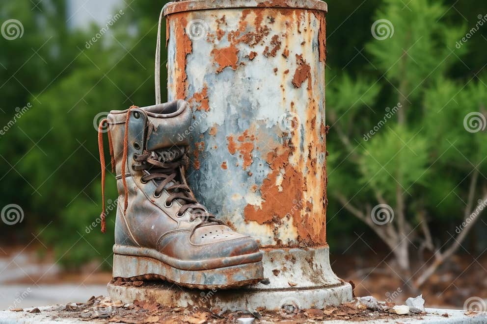 A Rusty Fire Hydrant with One Boot Next Tp it, AI Stock Photo - Image ...