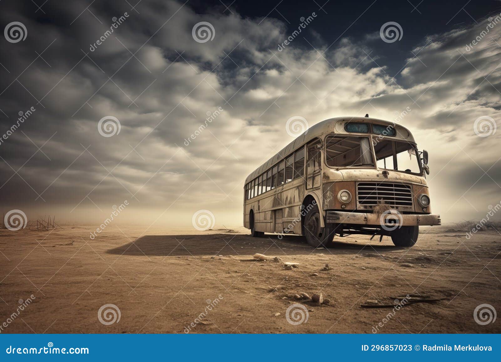 Rusty Frame of an Old Bus Standing on an Empty Road with Clouds of Dust ...