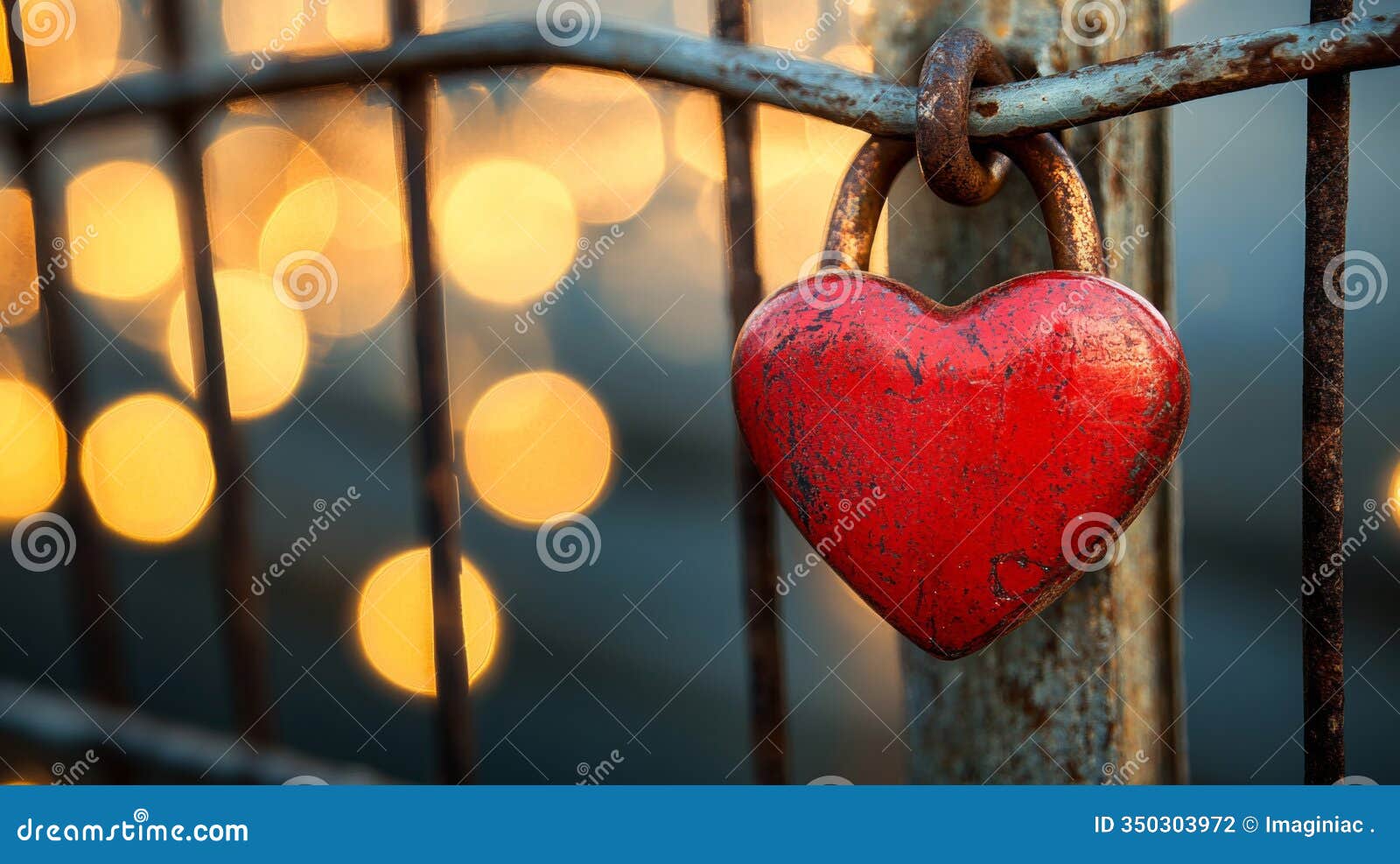 Rusty Heart Shaped Lock on Fence with Lights Stock Illustration ...