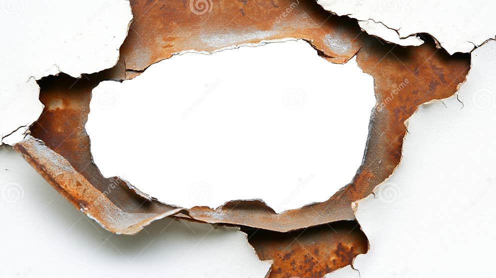 Rusty Hole with Torn Edges on White Surface Highlighting Corrosion ...