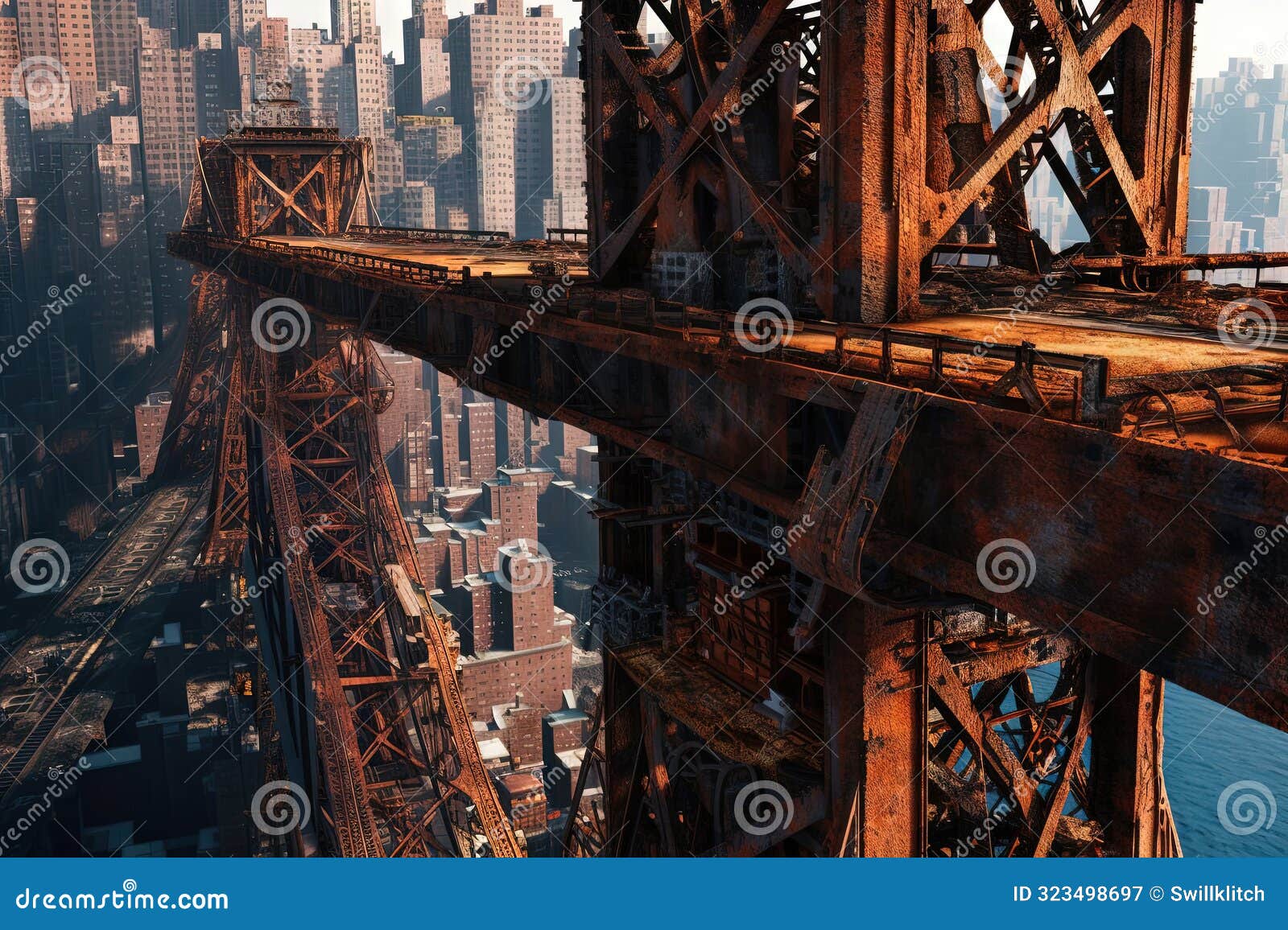 Rusty Industrial Constructions Over Decayed City. Post-apocalyptic Sci ...