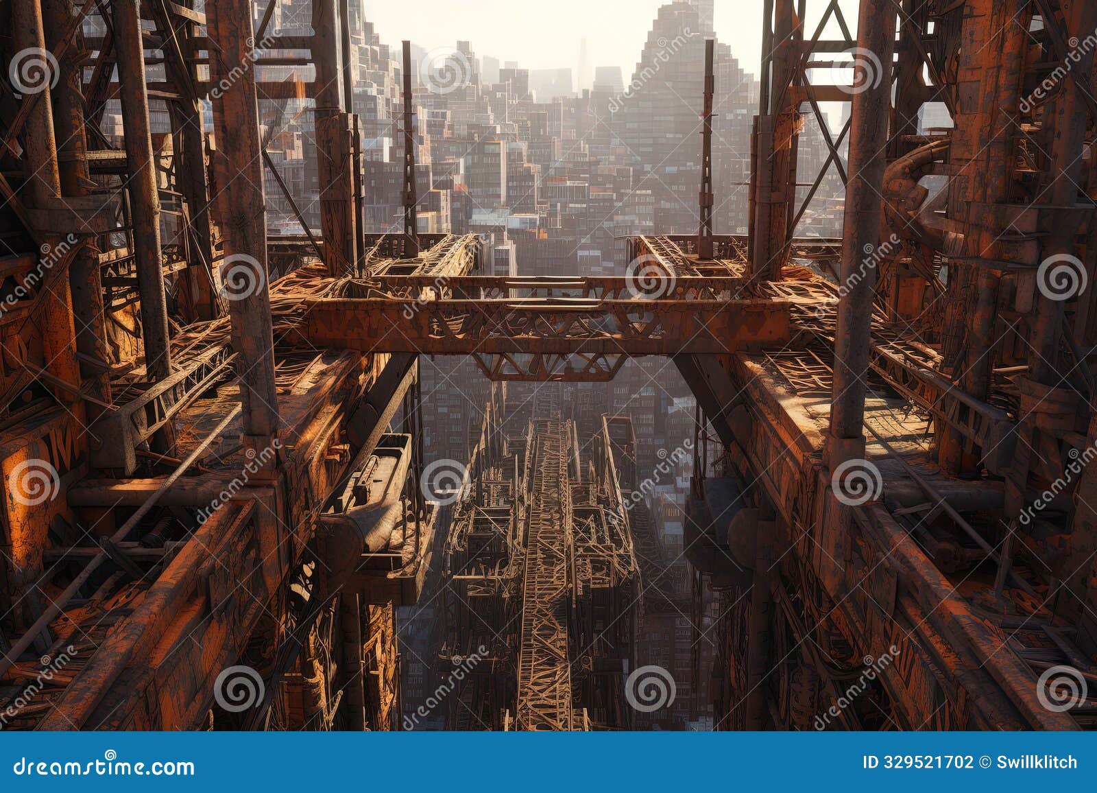 Rusty Industrial Constructions Over Decayed City. Post-apocalyptic Sci ...