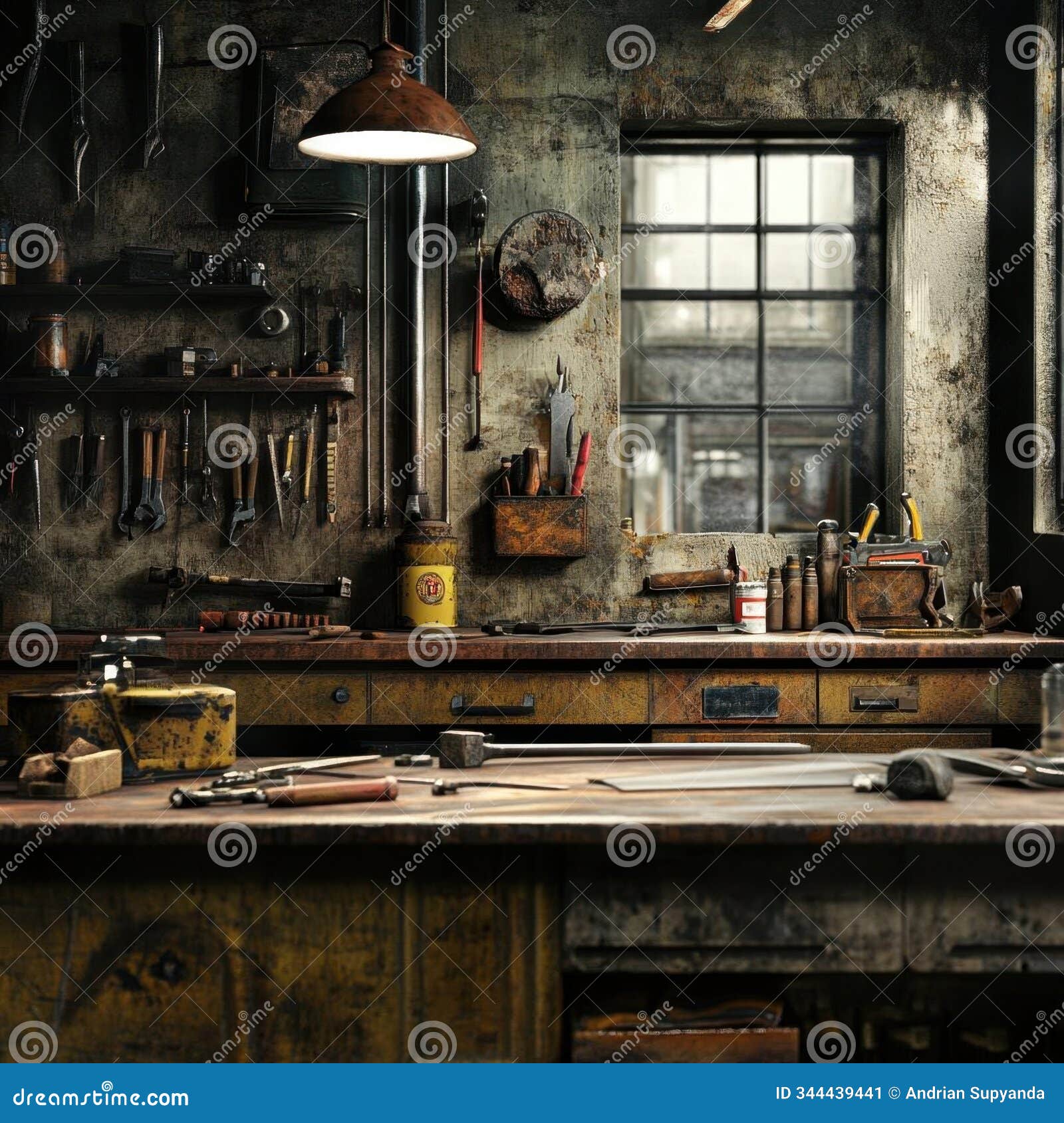 Industrial Workbench With Worn Wood Surface And Metal Tools Set In A ...