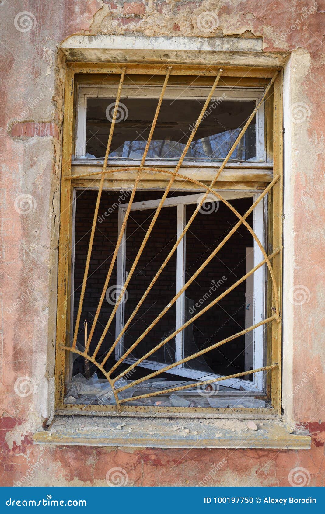 Rusty Iron Security Grille on Broken Window in Old Brick Ruined Stock ...