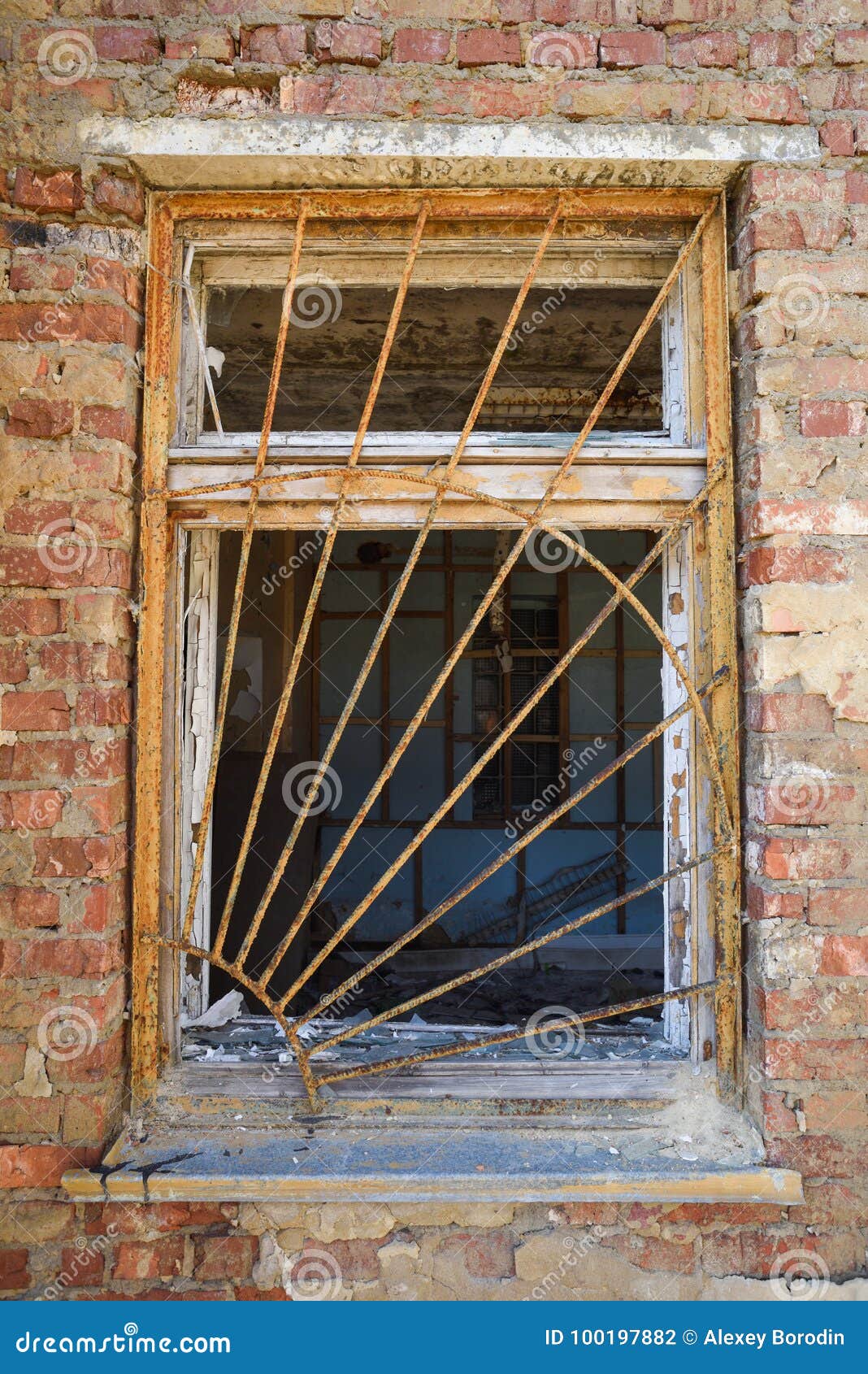 Rusty Iron Security Grille on Broken Window in Ruined Abandoned Stock ...